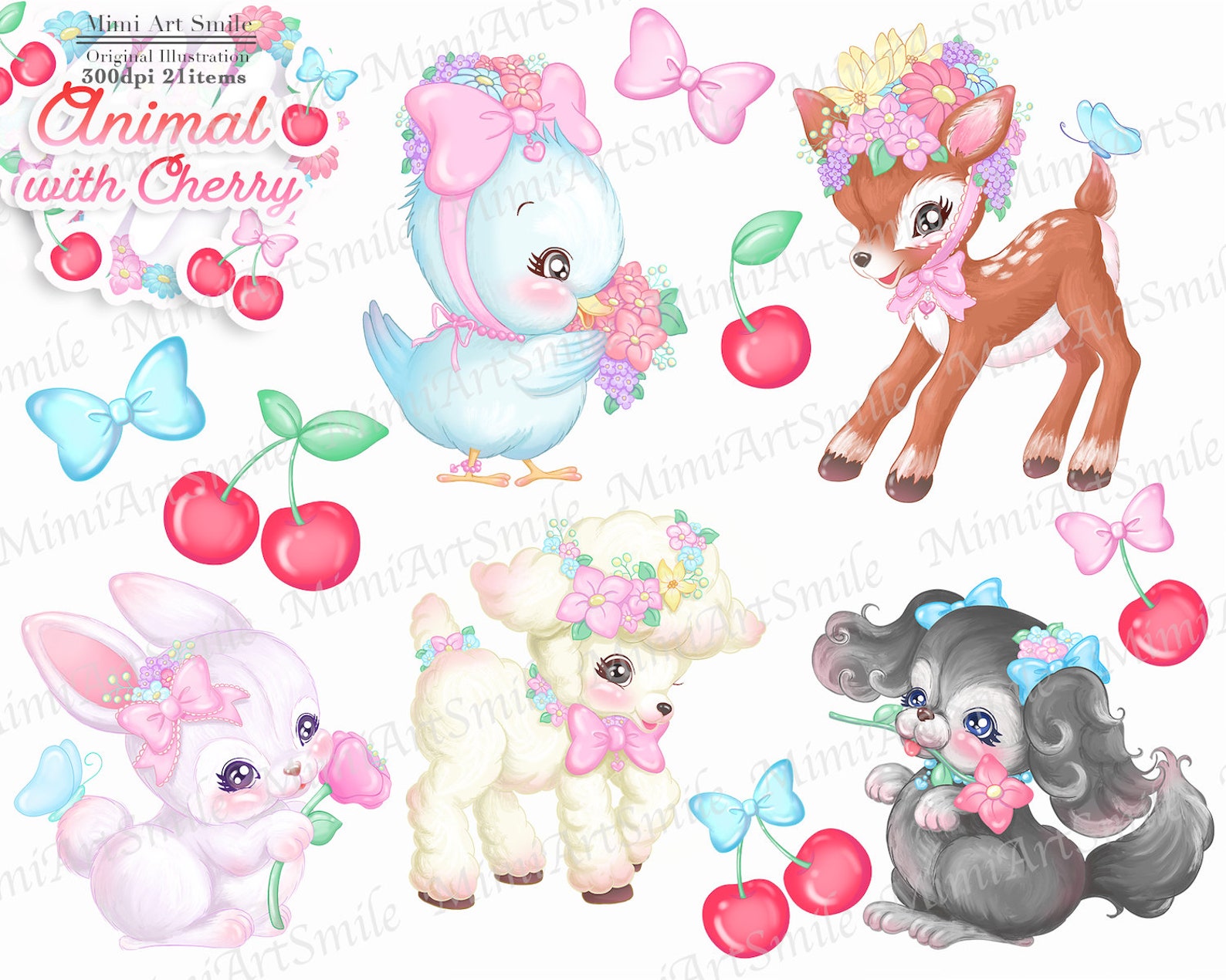 Animal With Cherry Clipart, Cute Clip Art, Kawaii Animals Ribbon Hart ...