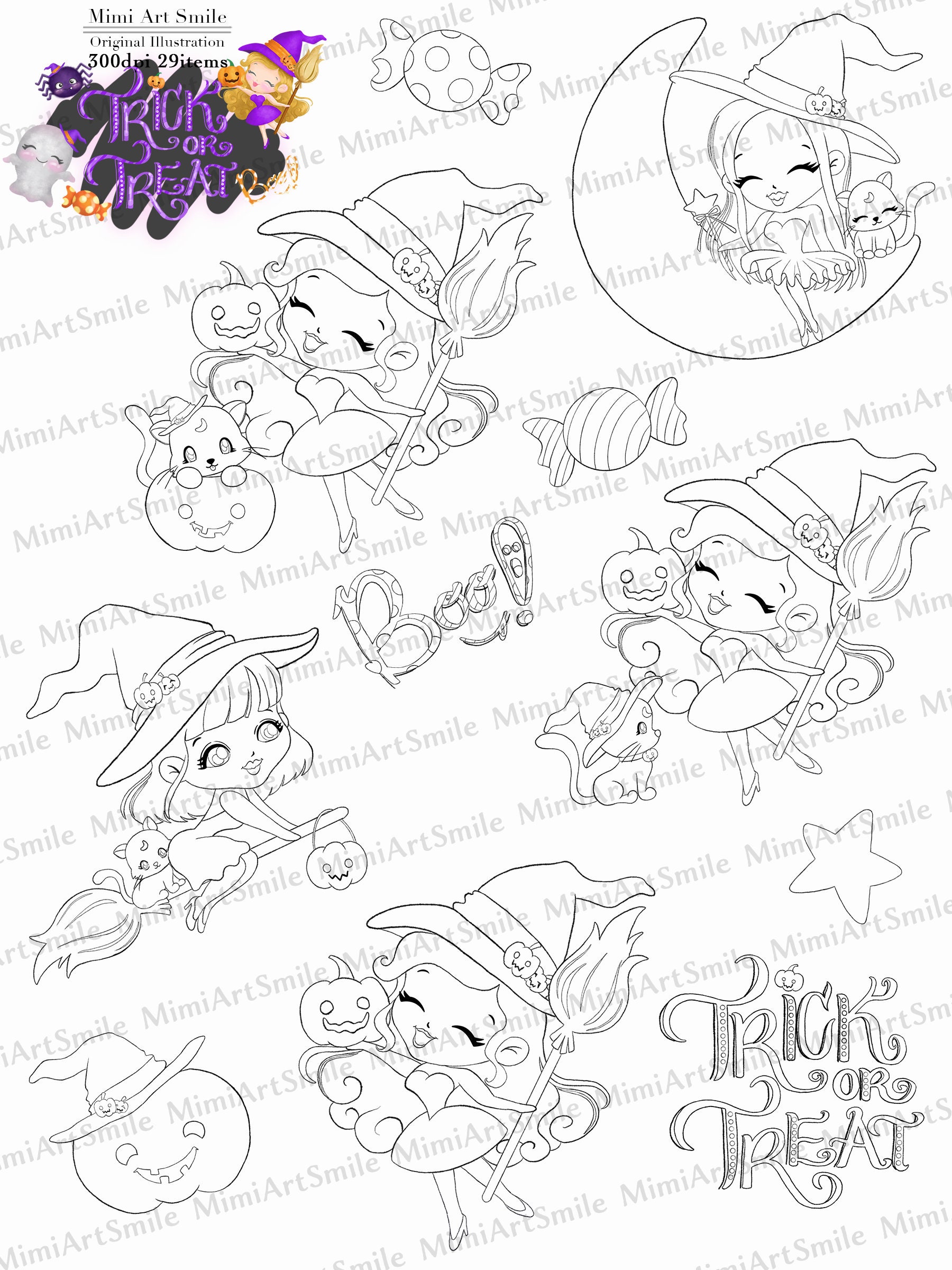 Cute Halloween Digital Stamp, Pretty Halloween Stamp, Clipart, Clip Art ...