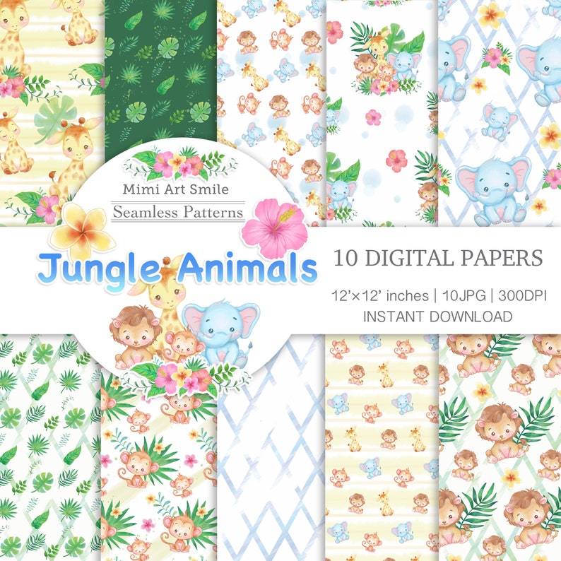 Jungle Animals Digital Paper, Watercolor, Giraffe, Monkey, Elephant ...