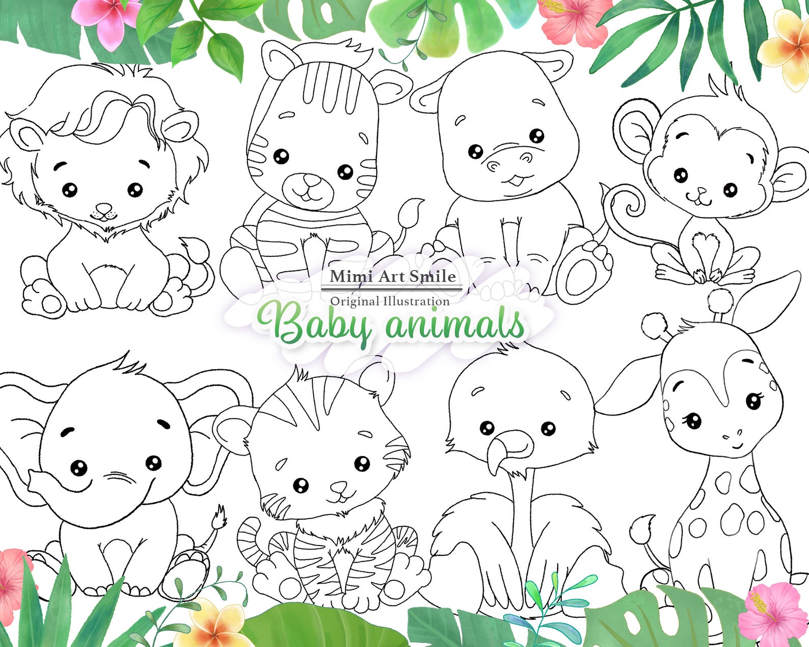 Jungle Safari Baby Animals Digital Stamp, Animal Clipart, Coloring ...