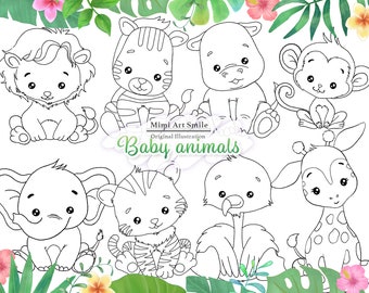 Jungle Animals Digital Stamp, Animal Clipart, Coloring, Giraffe, Monkey ...