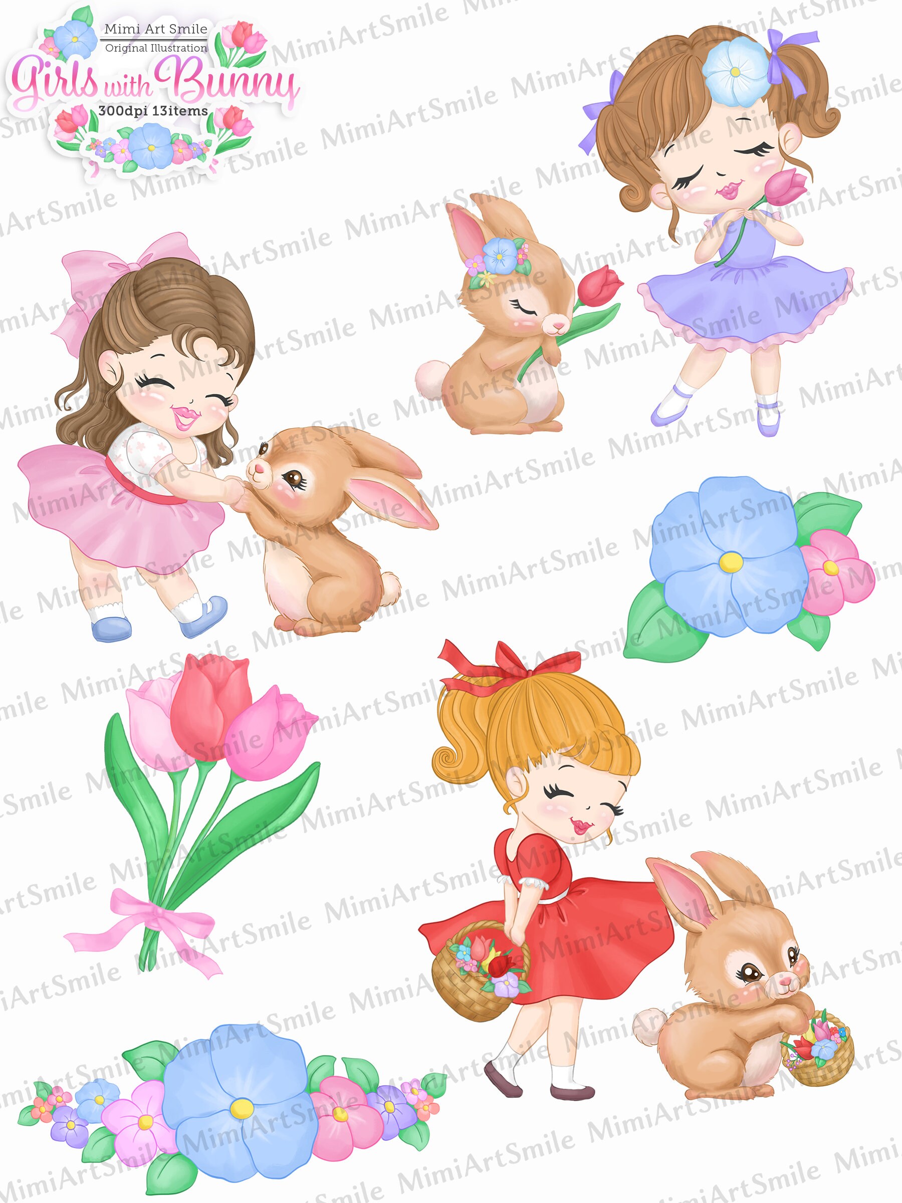 Girls With Bunny Clipart Girl Rabbit Clip Art, Flowers Tulips Cute Baby ...