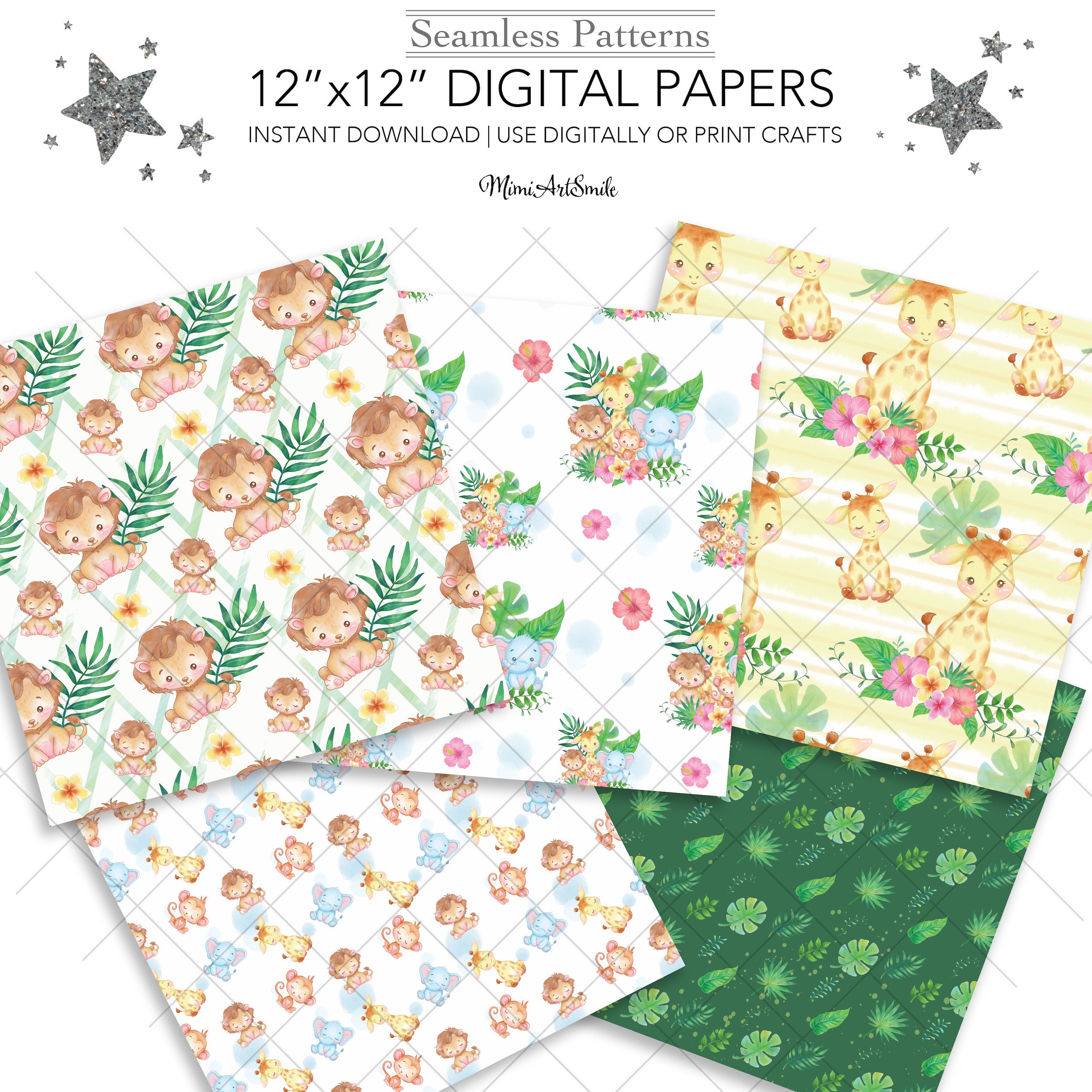 Jungle Animals Digital Paper, Watercolor, Giraffe, Monkey, Elephant ...