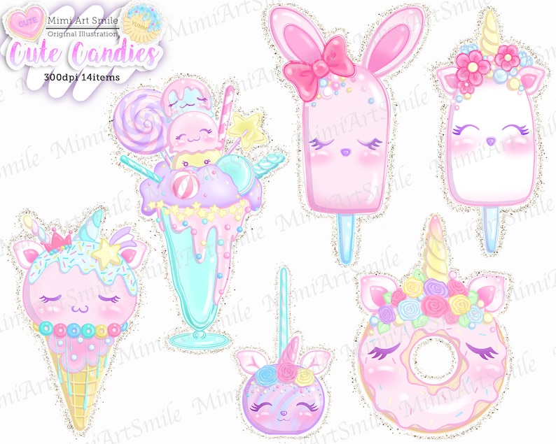 Cute Candies Clipart, Kawaii Candy Clip Art, Ice Cream Sweets Sundae ...