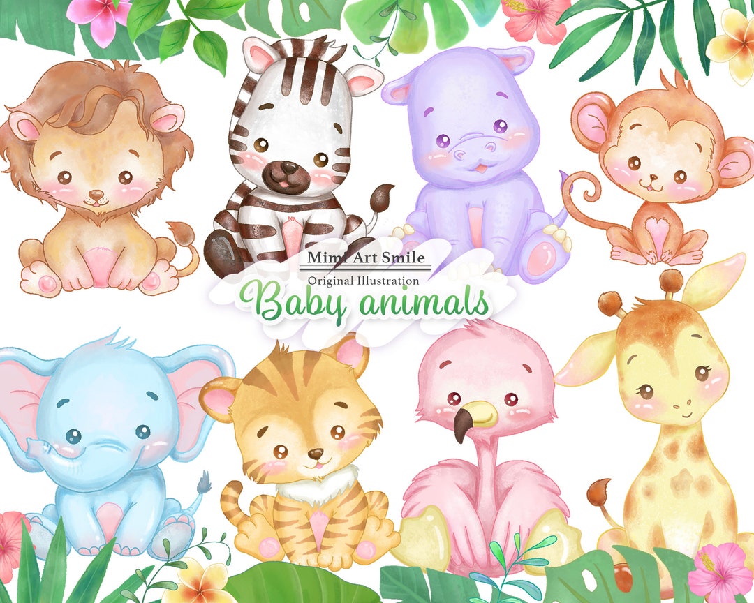 Jungle Safari Baby Animals Clipart | Watercolor, Tiger, Lion, Zebra ...