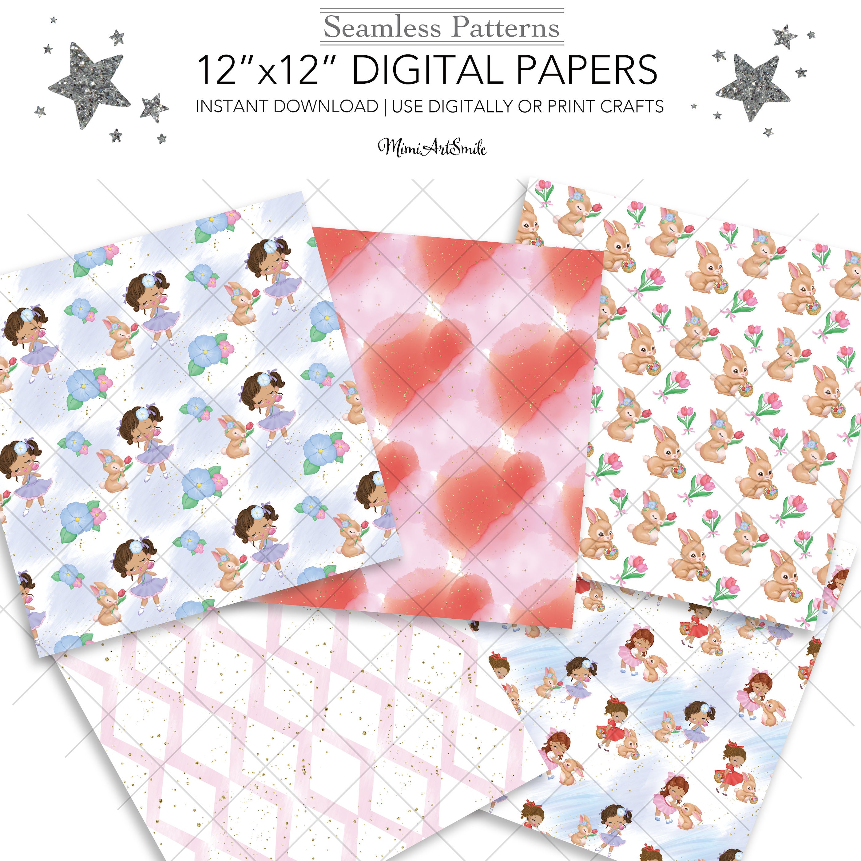 Girls With Bunny African American Digital Paper | Pink Red Purple ...