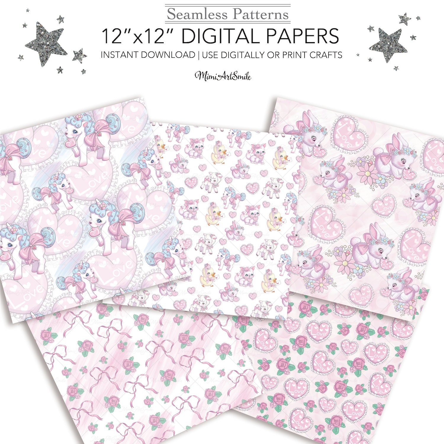 Animal in Love Pink Digital Paper Set, Cute Animals, Valentine's Day ...
