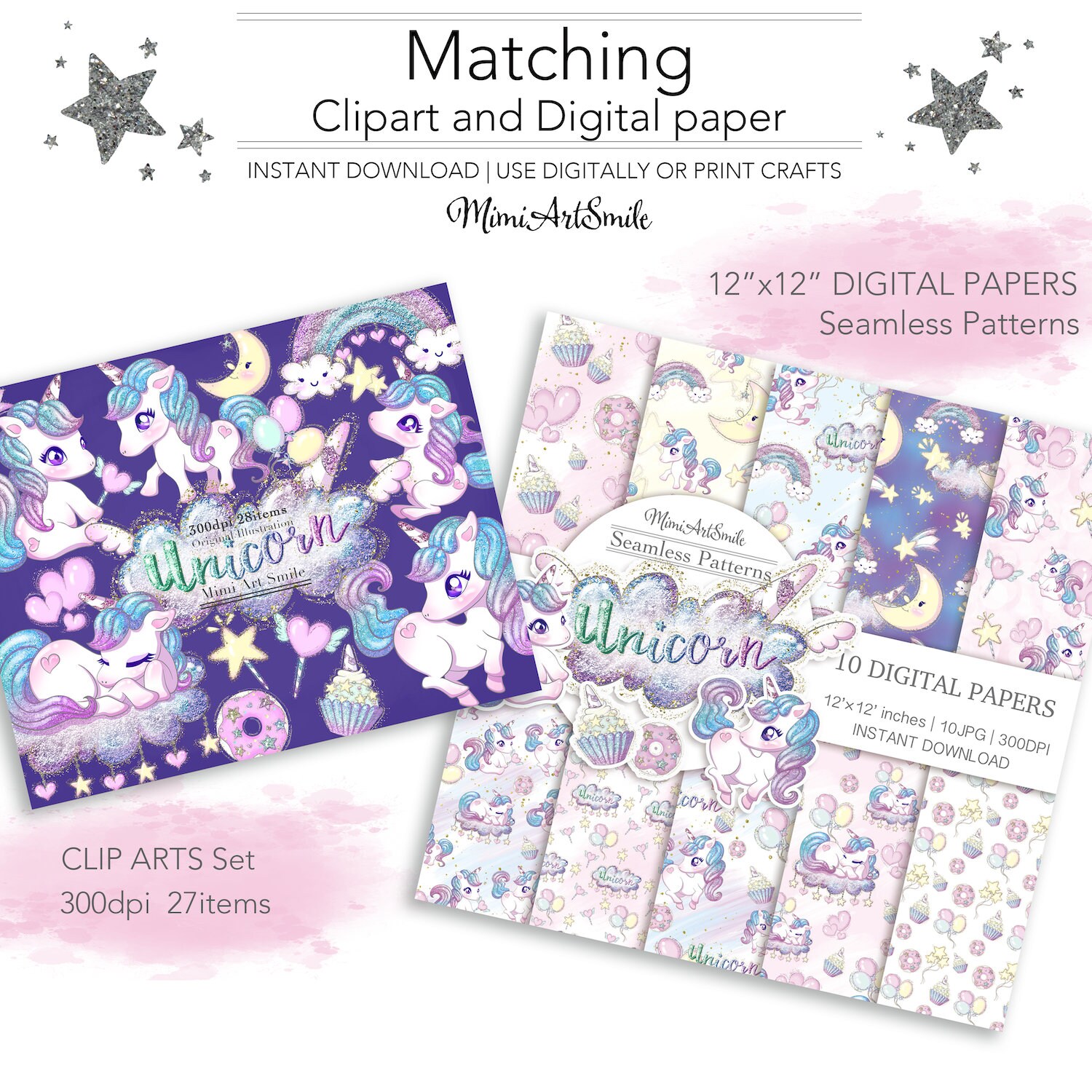 Cute Glitter Unicorn Clipart Set,rainbow Unicorns Clip Art Digital ...