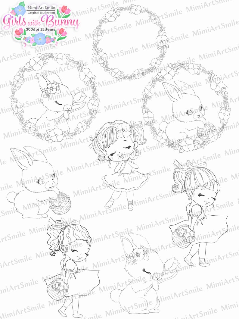 Girls With Bunny Digital Stamps Girl Rabbit Clipart Flowers | Etsy