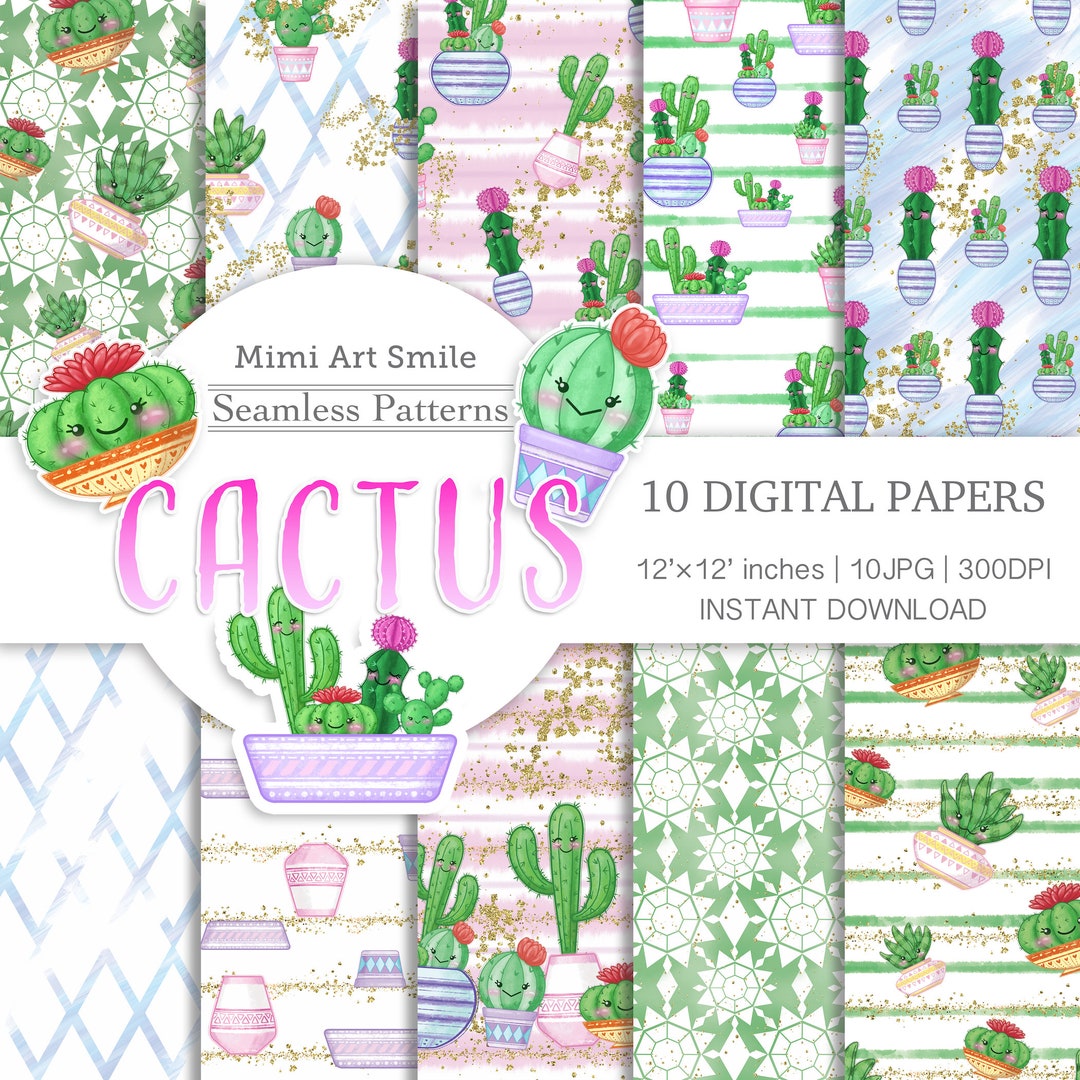 Cactus Digital Paper, Cute Plant Pattern, Flower Pot, Planter, Desert ...