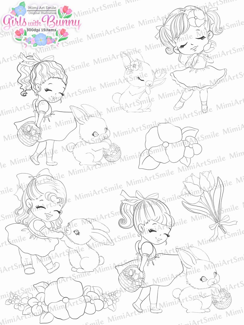 Girls With Bunny Digital Stamps Girl Rabbit Clipart Flowers | Etsy