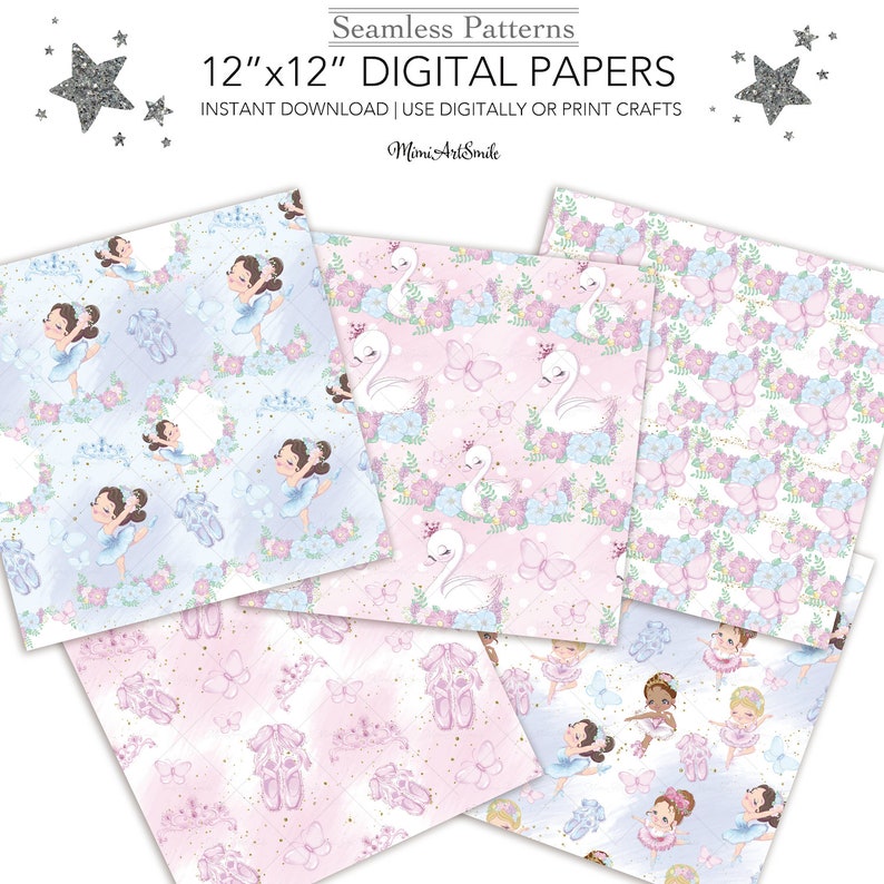 Ballerina Digital Paper, Ballet Shoes, Tiara, White Swan, Pink Blue ...