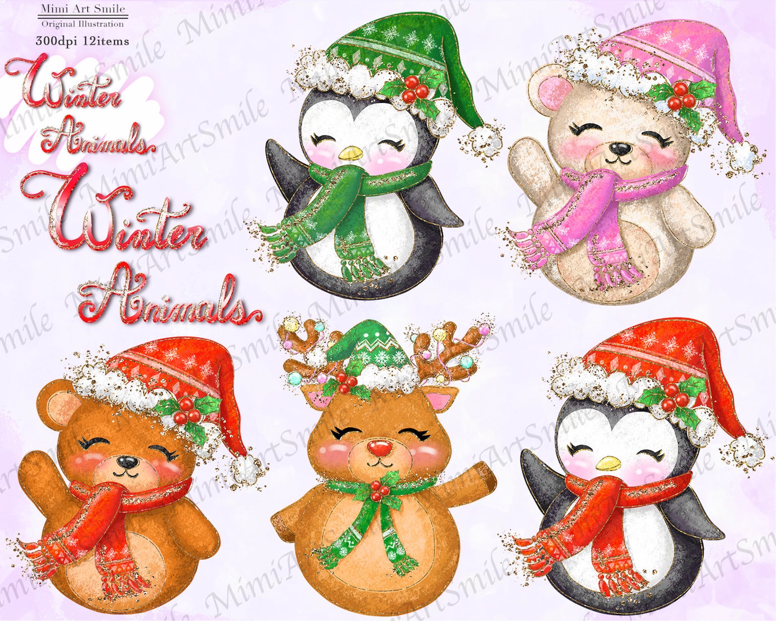 Winter Animals Clipart ,christmas Animal Clip Art Bear Penguin Reindeer ...