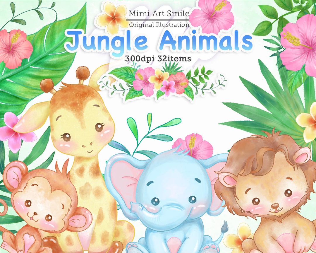 Jungle Animals Clipart Watercolor, Giraffe, Monkey, Elephant, Lion ...