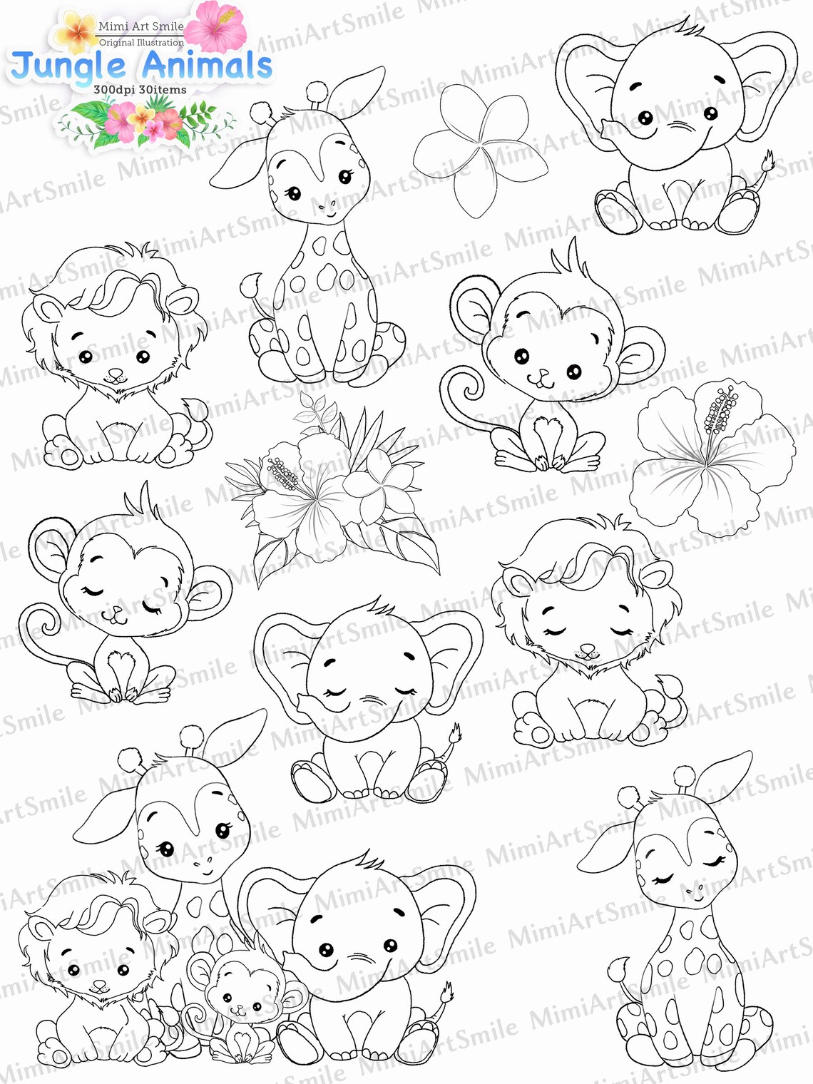 Jungle Animals Digital Stamp, Animal Clipart, Coloring, Giraffe, Monkey ...