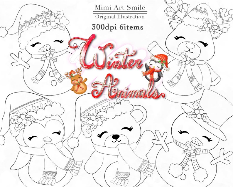 Winter Animals Digital Stamp ,christmas Animal Clip Art, Black and ...