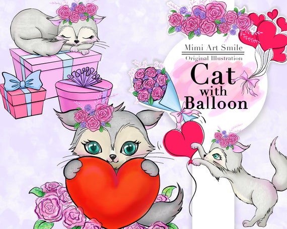 Cat With Balloon. Kitty Clipart Flowers Clip Art Rose Present - Etsy