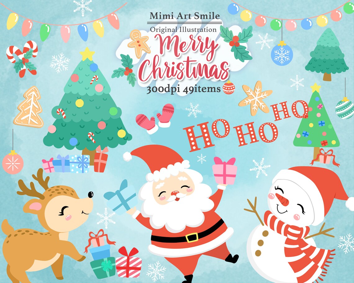Christmas Clipart Set Merry Christmas Clip Art Cute Santa - Etsy