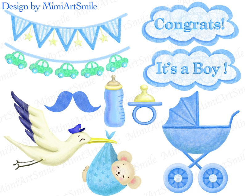 Baby Boy Clipart, Baby Shower Clip Art, Teddy Bear, Stroller, It's a ...