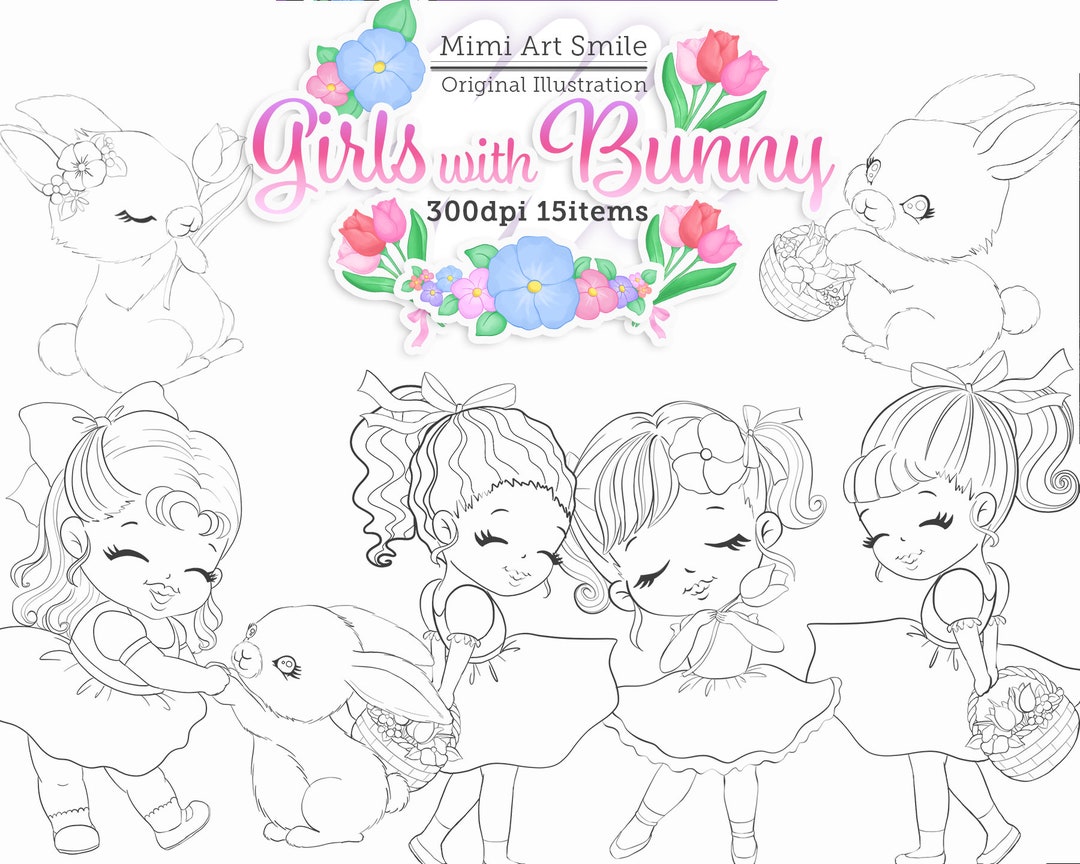 Girls With Bunny Digital Stamps | Girl Rabbit Clipart, Flowers Tulips ...