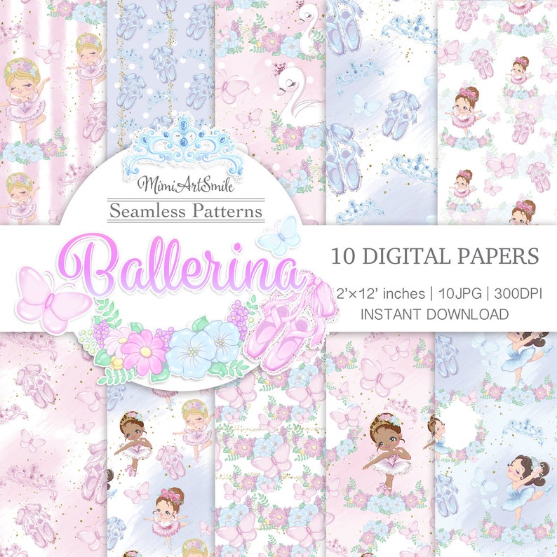 Ballerina Digital Paper, Ballet Shoes, Tiara, White Swan, Pink Blue ...