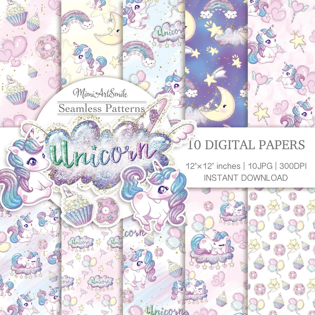 Cute Glitter Unicorn Digital Paper,rainbow Digital Downloadable Planner ...