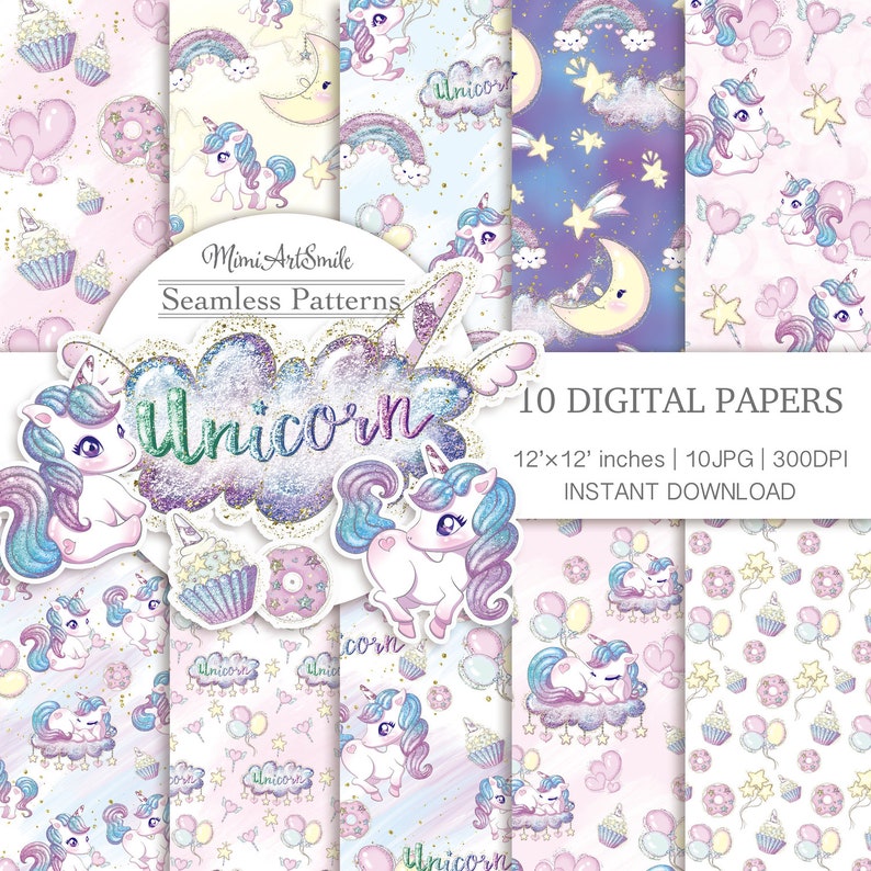 Cute Glitter Unicorn Digital Paper,rainbow Digital Downloadable Planner ...