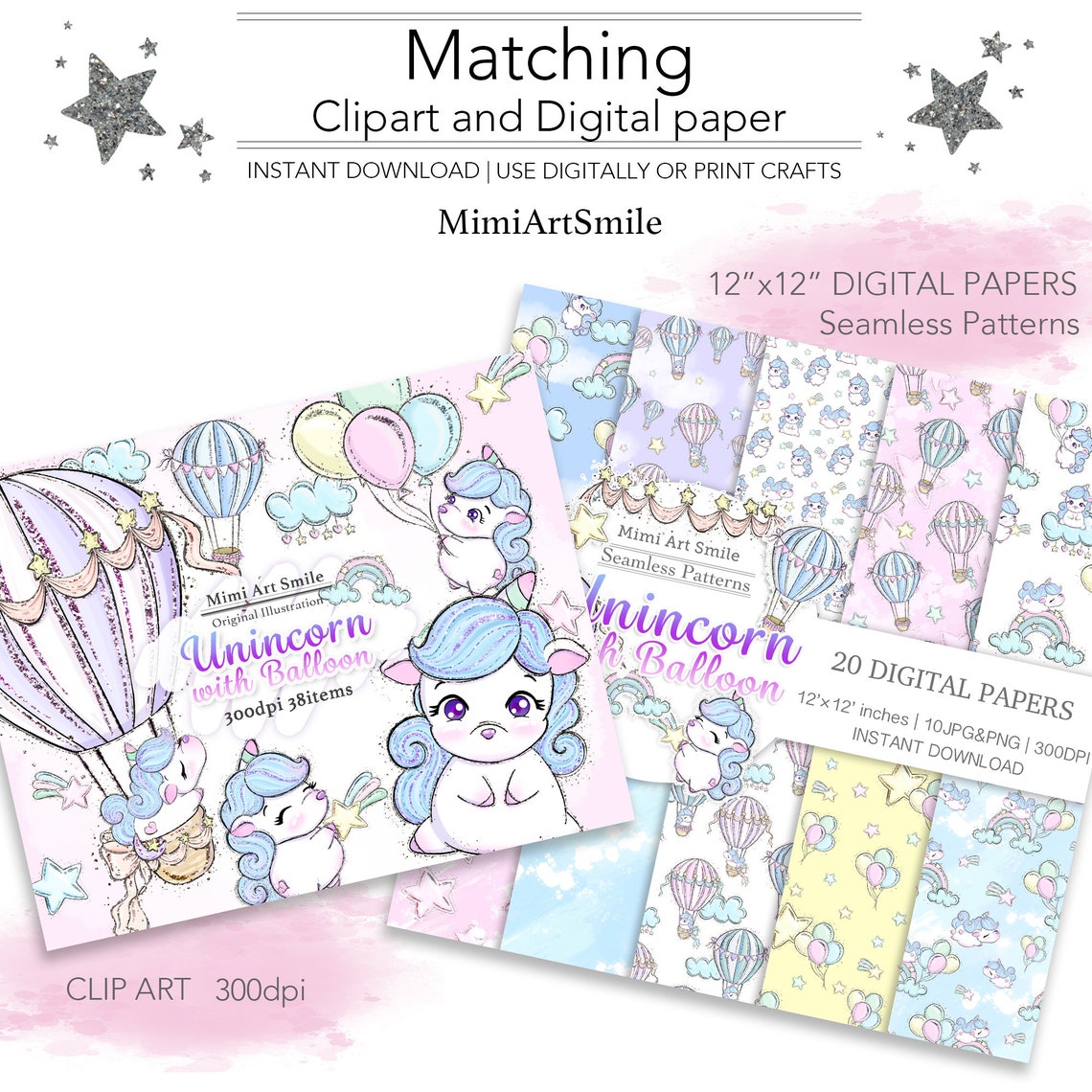 Unicorn With Balloon Clipart Cute Unicorns Hot Air Balloon - Etsy