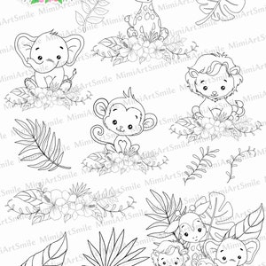 Jungle Animals Digital Stamp, Animal Clipart, Coloring, Giraffe, Monkey ...