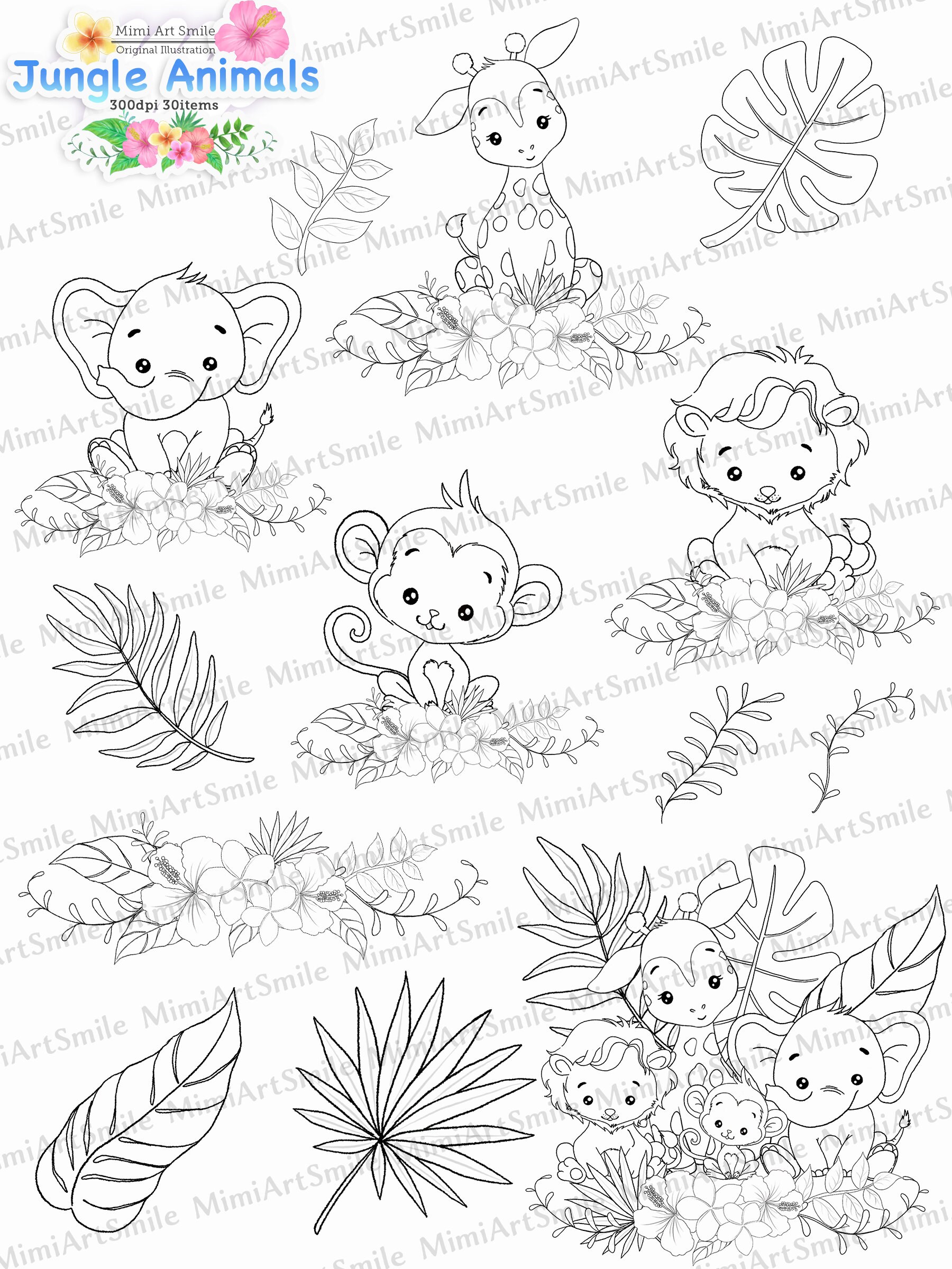 Jungle Animals Digital Stamp, Animal Clipart, Coloring, Giraffe, Monkey ...