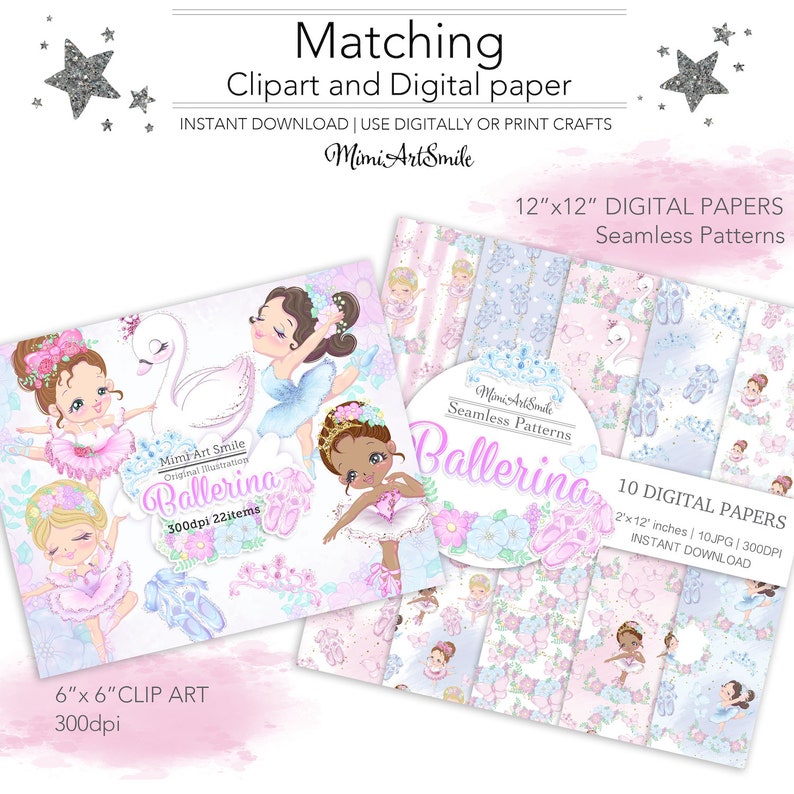 Ballerina Digital Paper, Ballet Shoes, Tiara, White Swan, Pink Blue ...