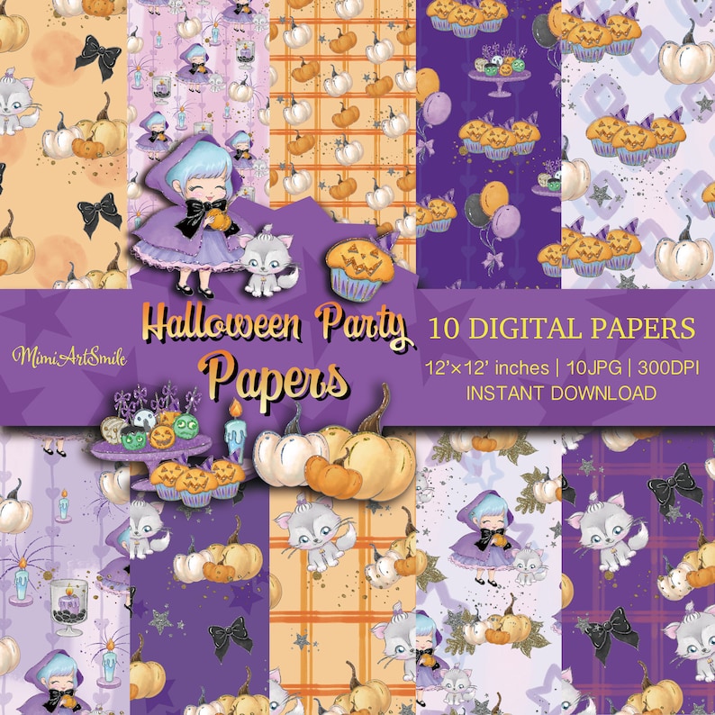 Halloween Party Digital Paper,pretty Girl ,kawaii Cat,party Desert ...