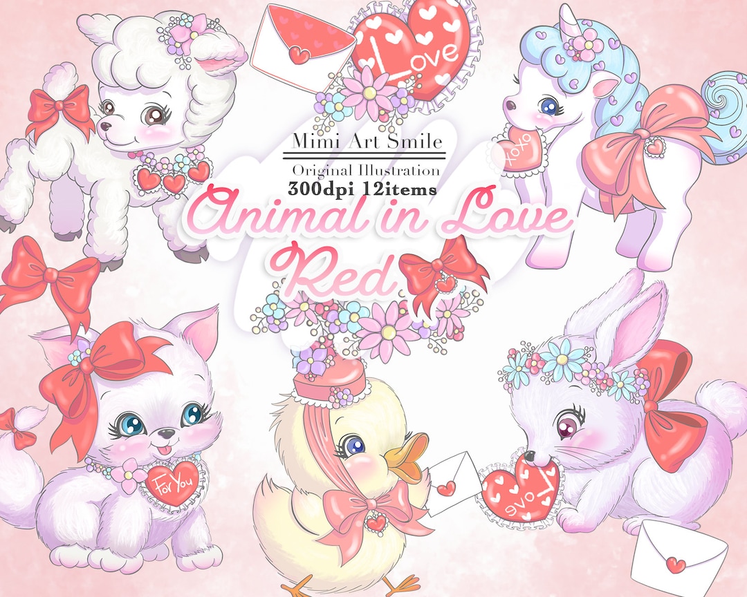 Animal in Love Red Clipart, Cute Clip Art, Valentine's Day Kawaii ...