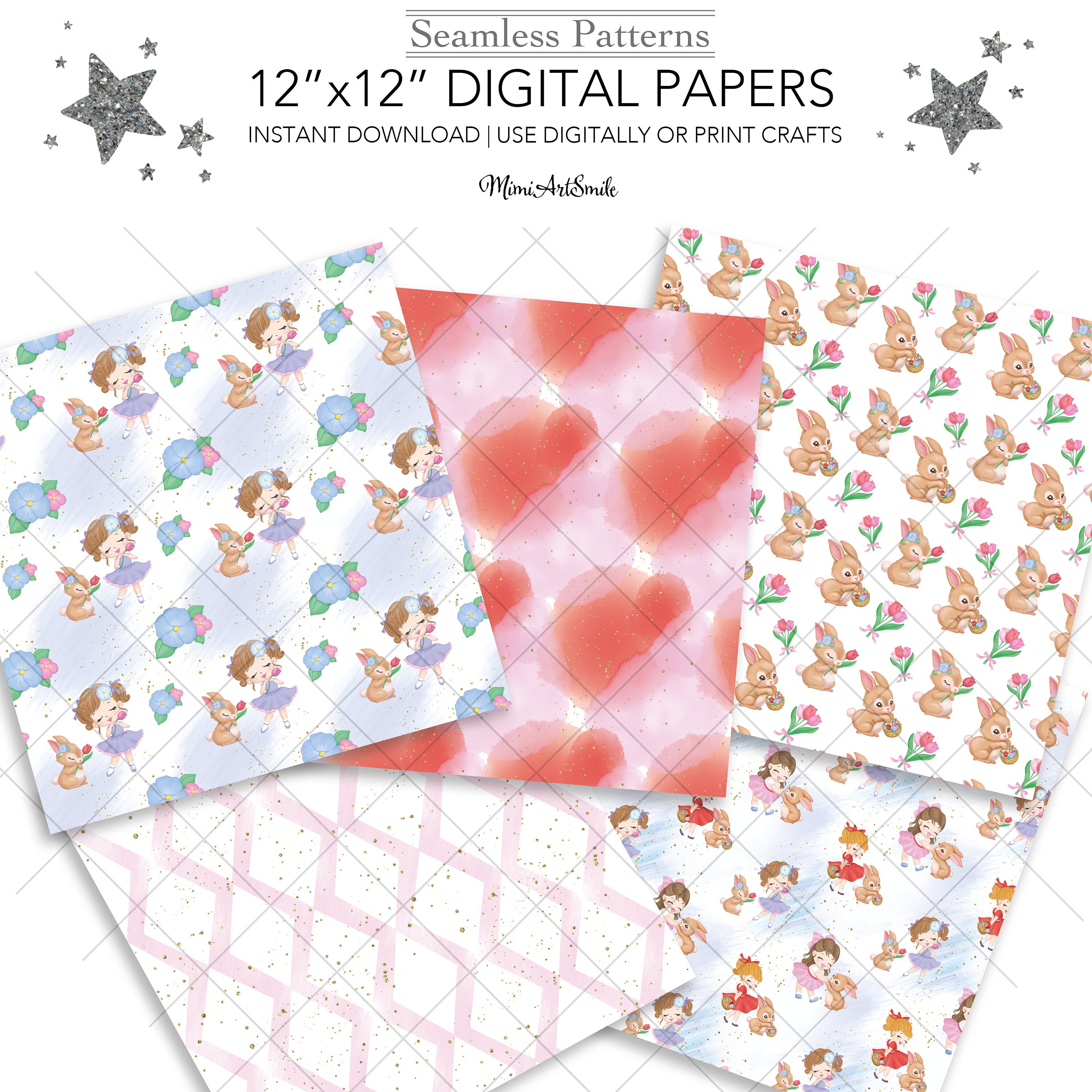 Girls With Bunny Digital Paper | Pink Red Purple Papers, Cute Rabbit ...