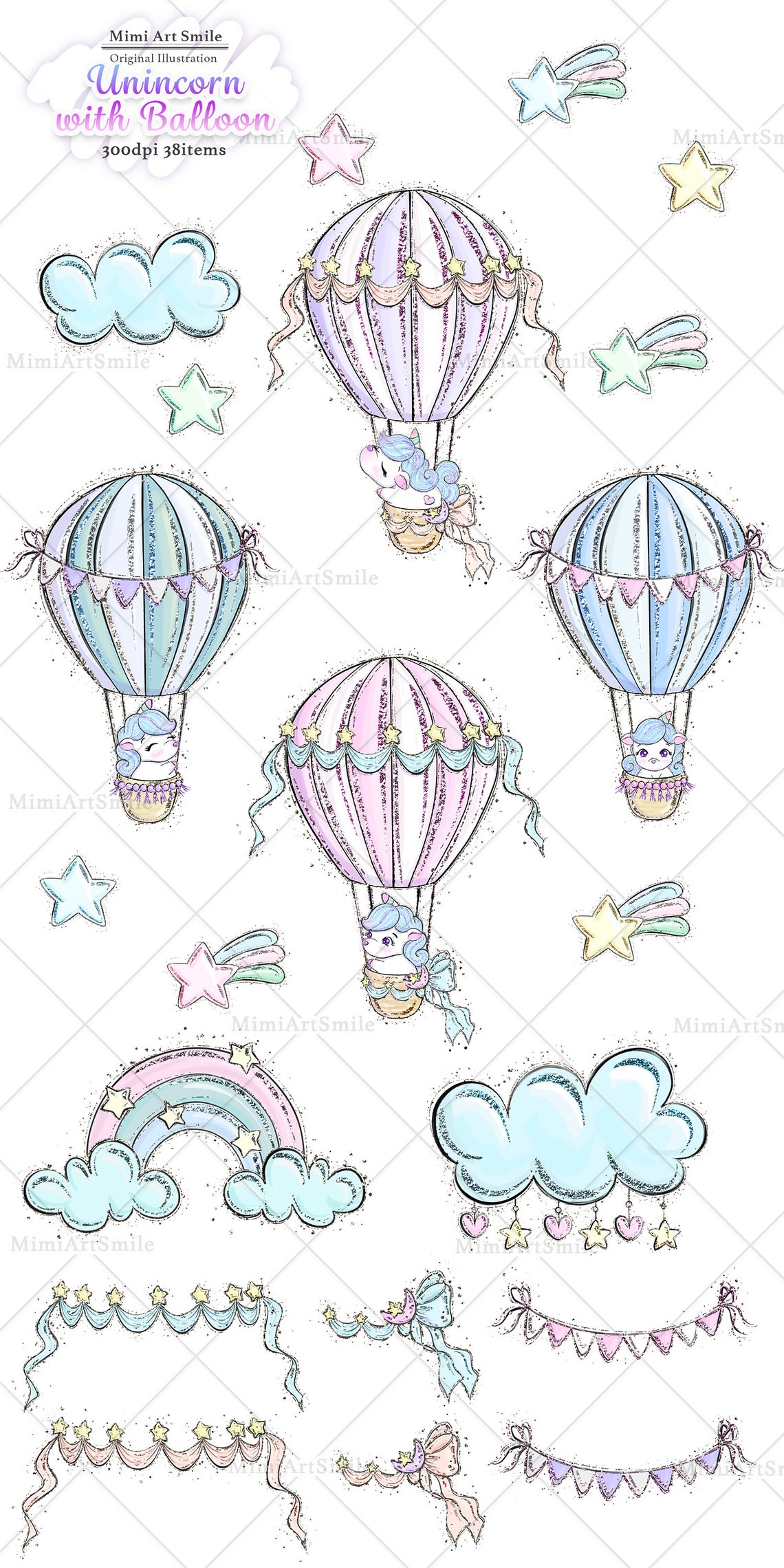 Unicorn with Balloon Clipart Cute Unicorns Hot air balloon | Etsy