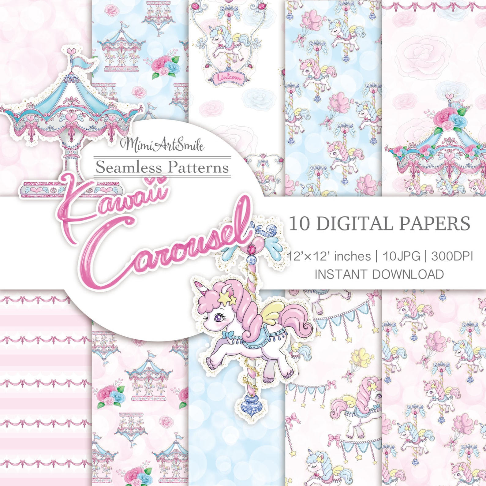 Kawaii Carousel Digital Paper,merry Go Round Seamless Pattern, Glitter ...
