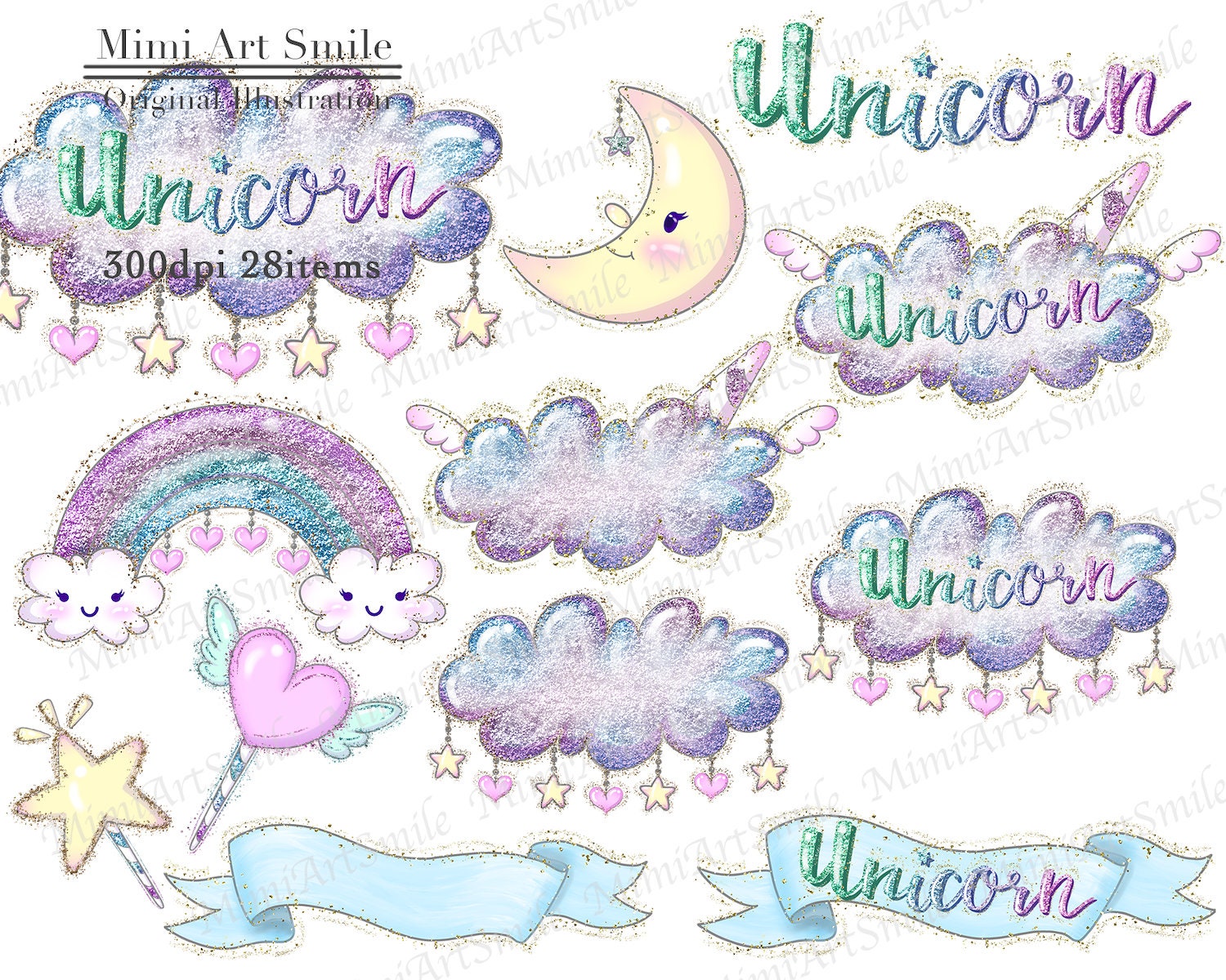 Cute Glitter Unicorn Clipart Set,rainbow Unicorns Clip Art Digital ...