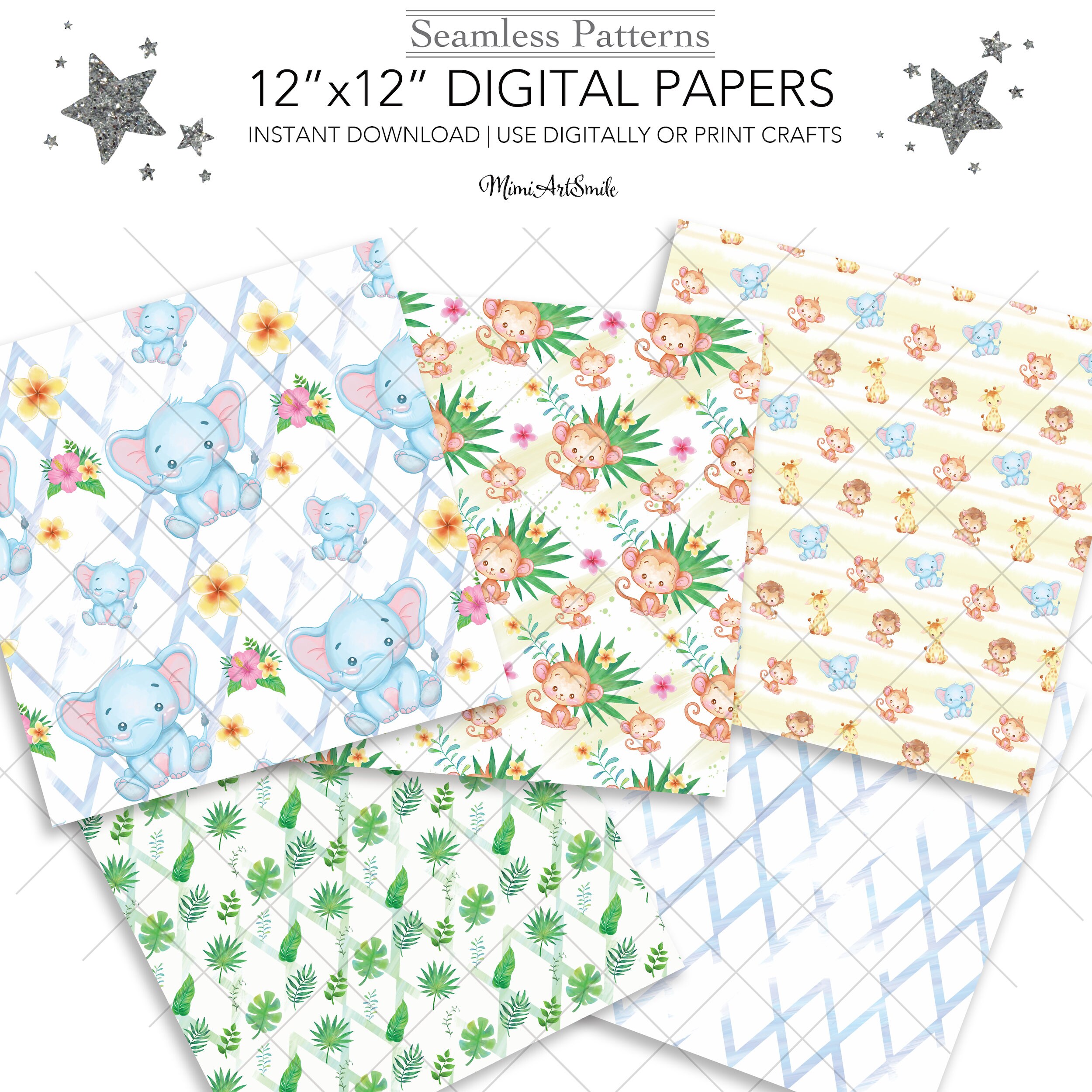 Jungle Animals Digital Paper, Watercolor, Giraffe, Monkey, Elephant ...