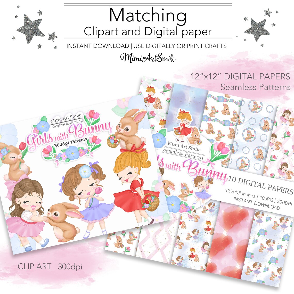Girls With Bunny Digital Paper Pink Red Purple Papers Cute - Etsy