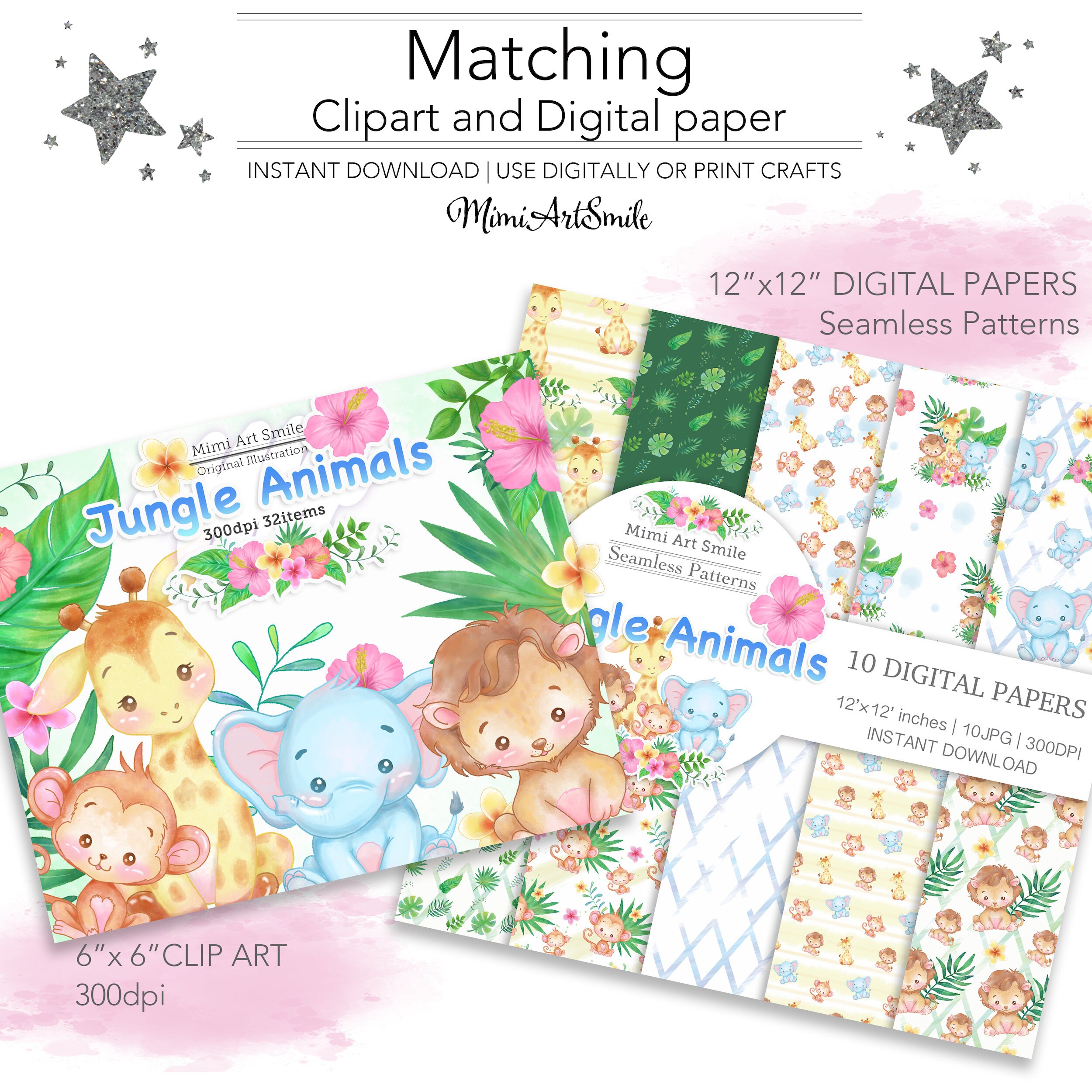 Jungle Animals Digital Paper, Watercolor, Giraffe, Monkey, Elephant ...