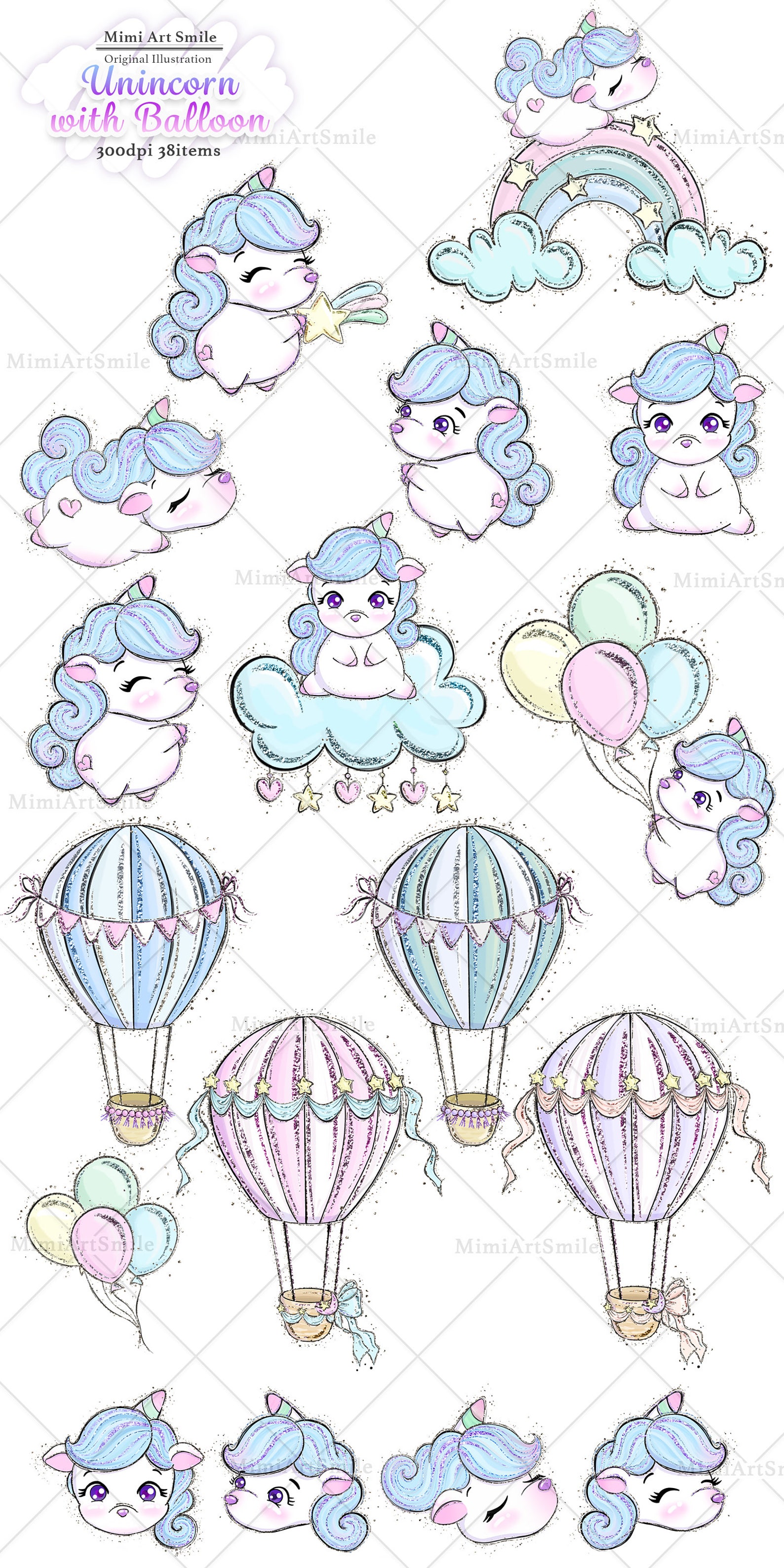 Unicorn with Balloon Clipart Cute Unicorns Hot air balloon | Etsy