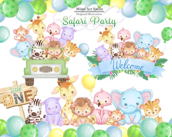 Safari Party Baby Animals Clipart Jungle Watercolor Tiger | Etsy