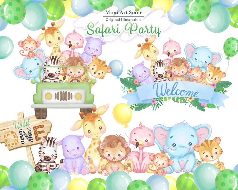 Safari Party Baby Animals Clipart | Jungle, Watercolor, Tiger, Lion ...