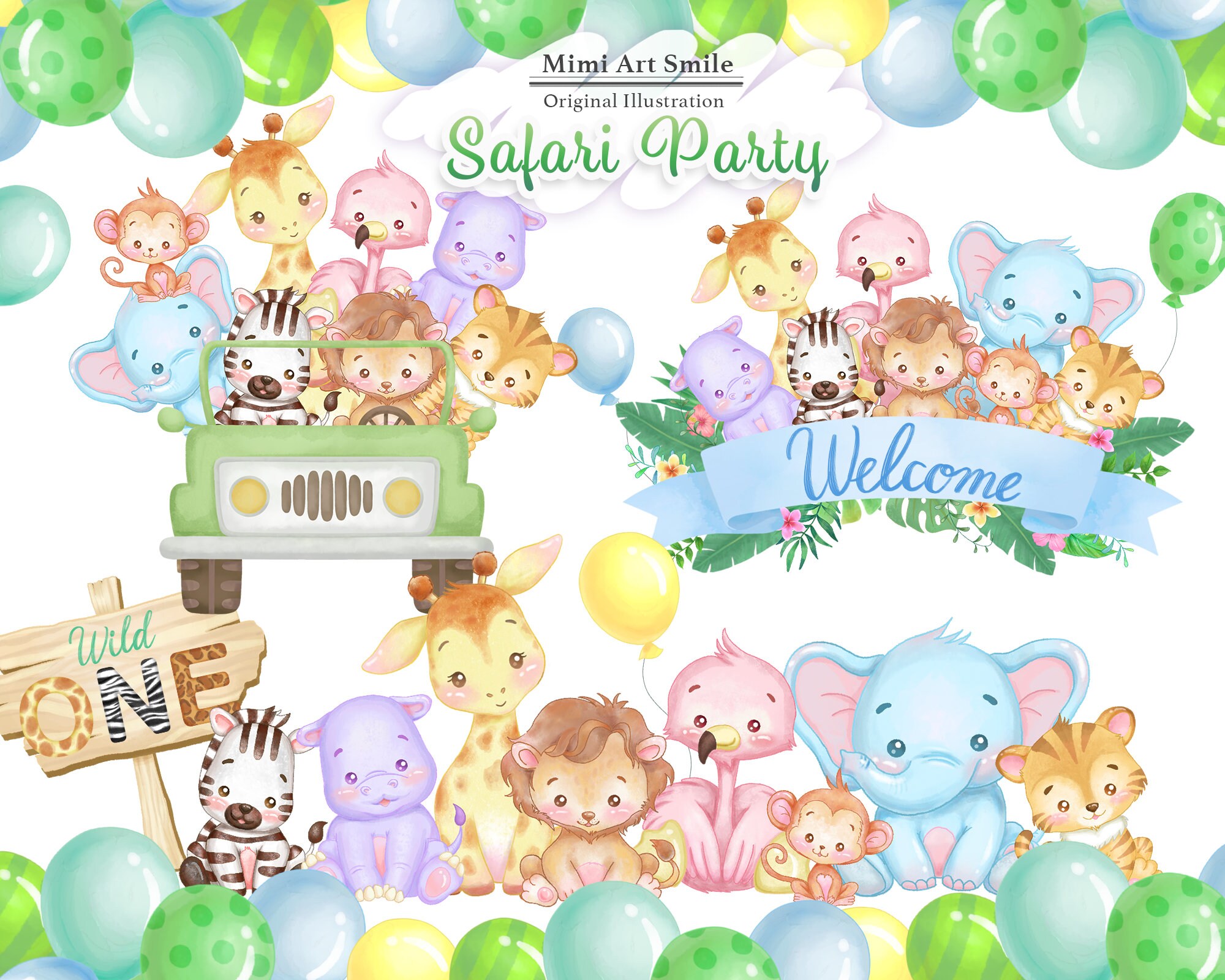 Safari Party Baby Animals Clipart | Jungle, Watercolor, Tiger, Lion ...