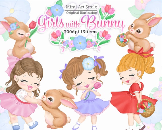 Girls with Bunny Clipart Girl Rabbit Clip art flowers | Etsy