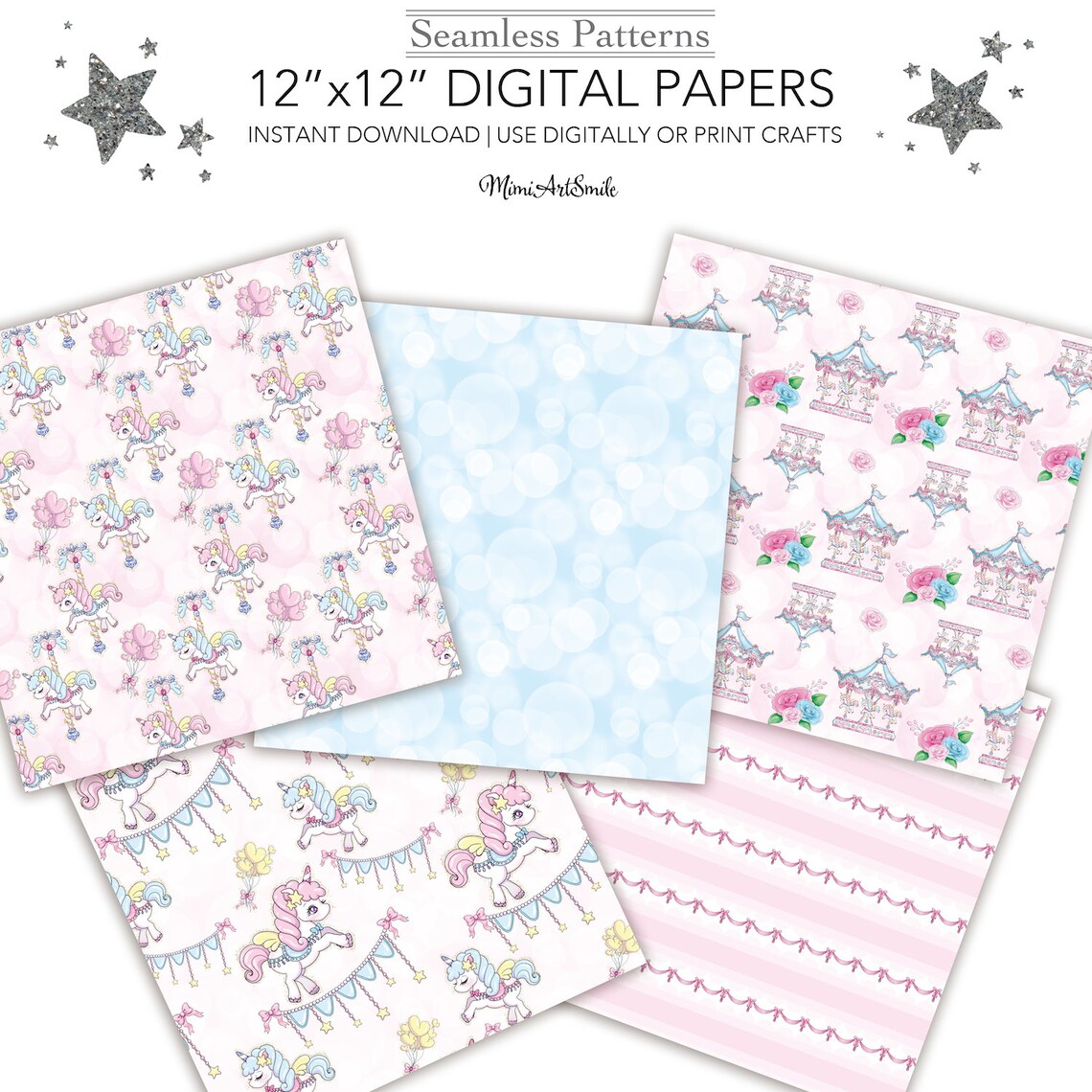 Kawaii Carousel Digital Paper,merry Go Round Seamless Pattern, Glitter ...
