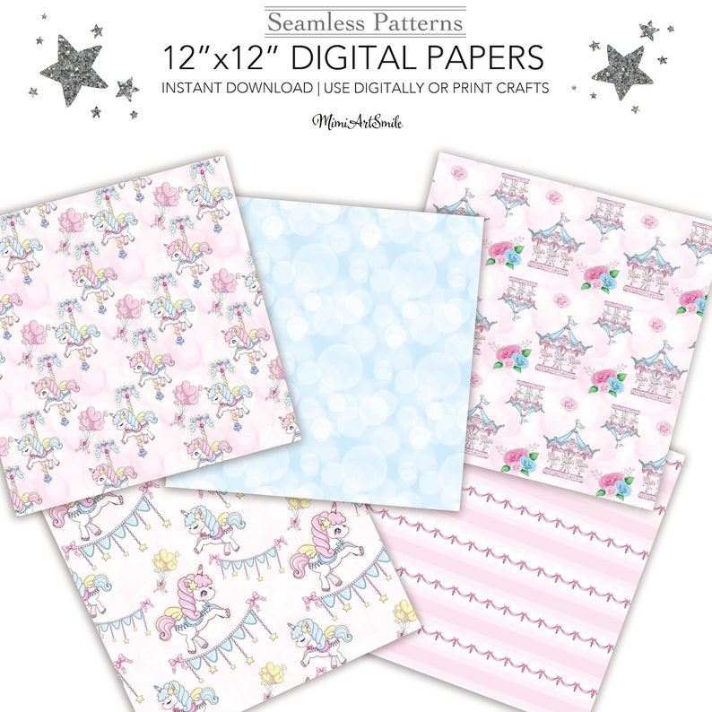Kawaii Carousel Digital Paper,merry Go Round Seamless Pattern, Glitter ...