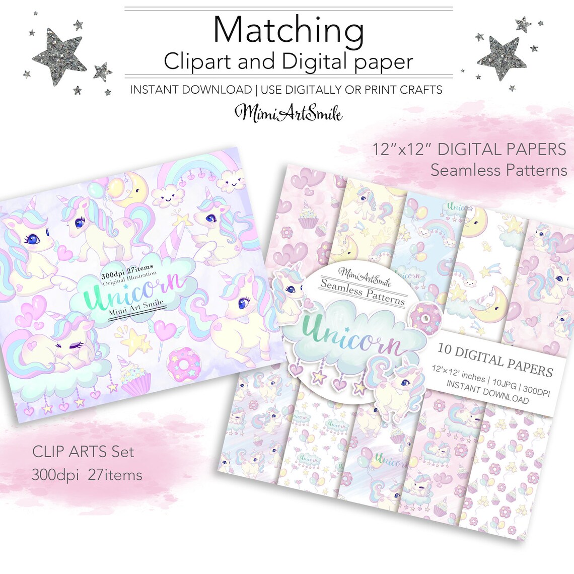 Cute Unicorn Clipart Set Rainbow Unicorns Clip Art Digital Downloadable ...