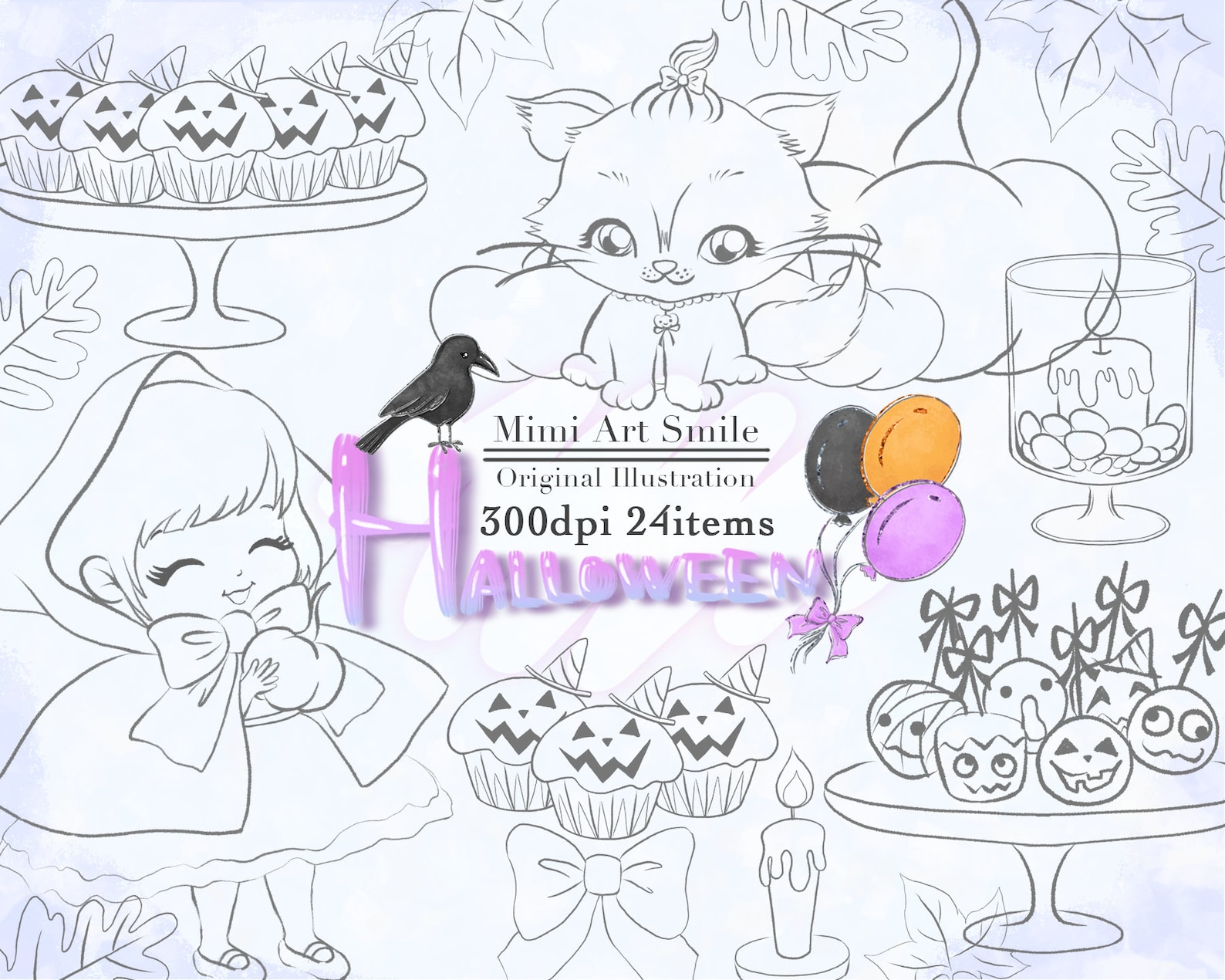 Black White Halloween Party Clipart,pretty Girl Clip Art,kawaii Cat ...