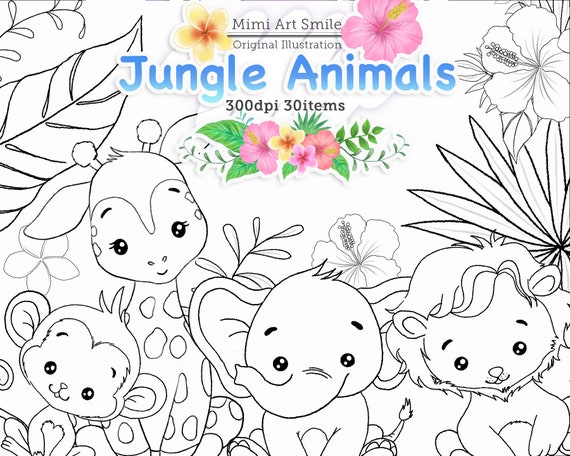 Jungle Animals Digital Stamp Animal Clipart Coloring - Etsy Australia